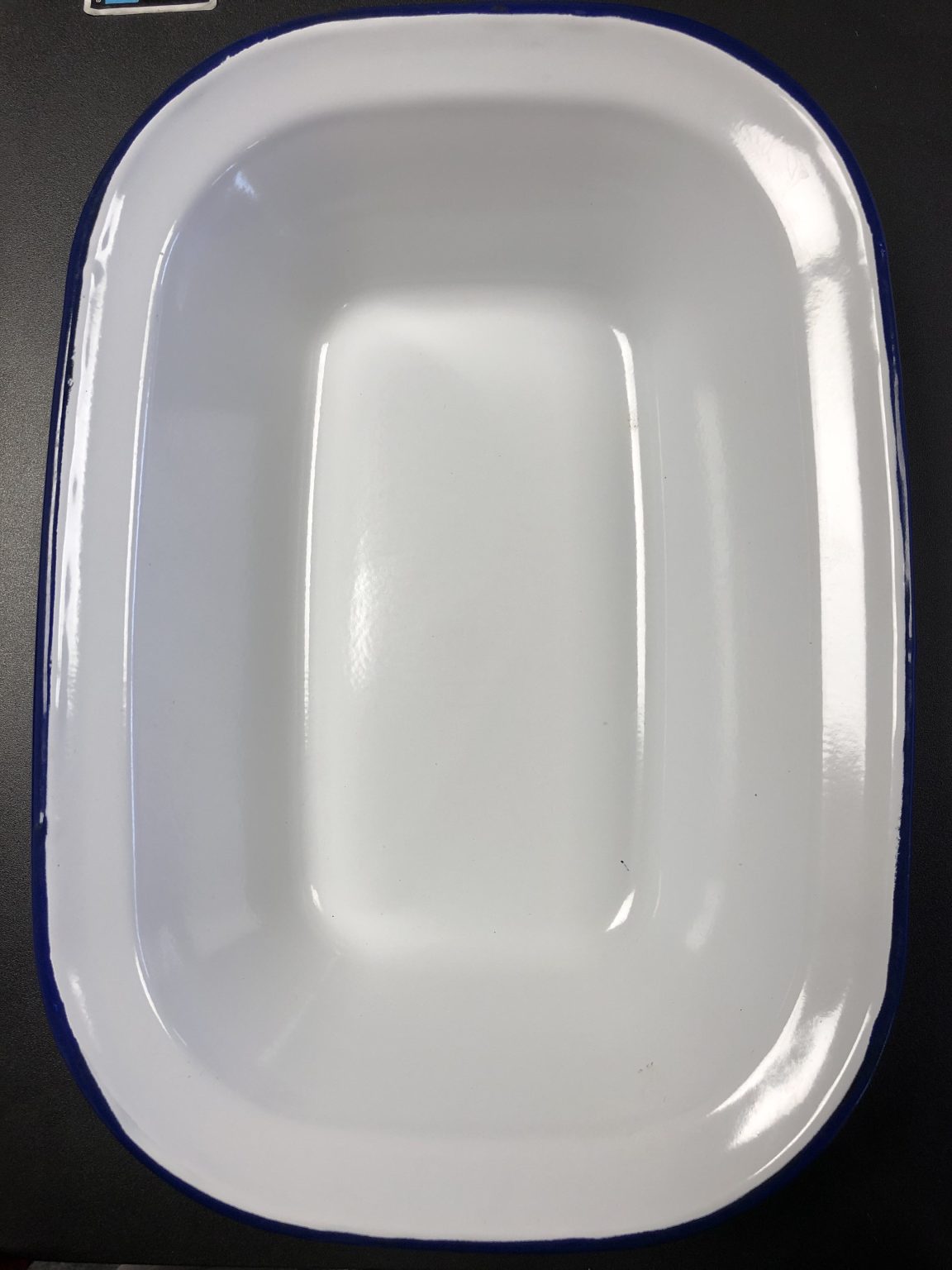 Enamel Blue Rimmed Dish 28cm x 19.5cm - South West Event Hire